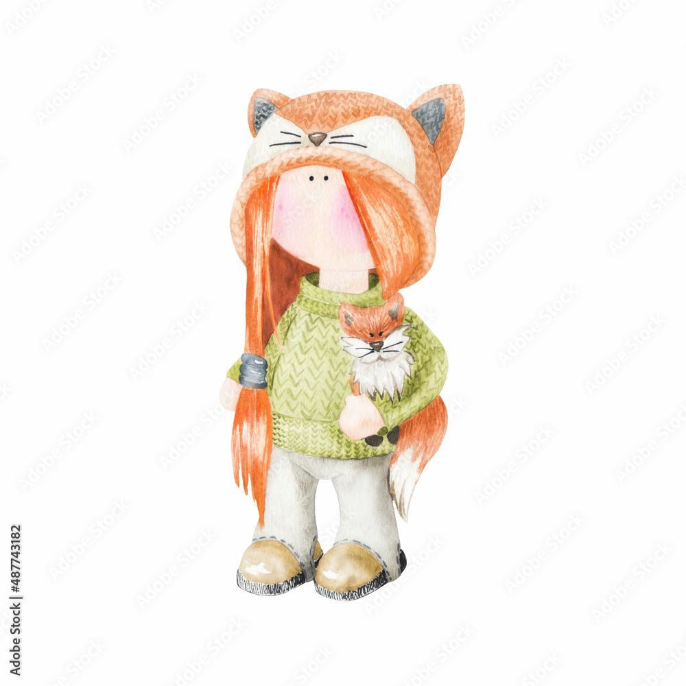 Watercolor doll dressed as a fox. Great for print, web, textile design ...