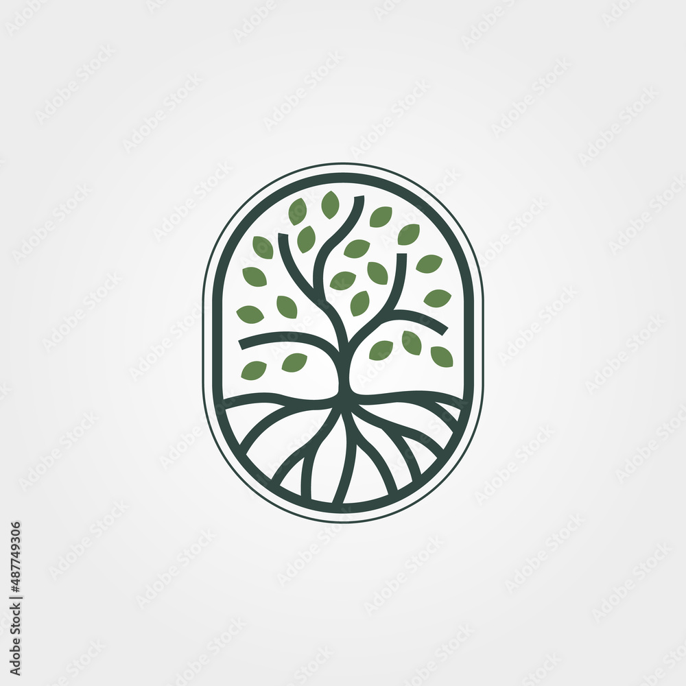 abstract tree minimal logo emblem vector design, oak tree line art logo ...