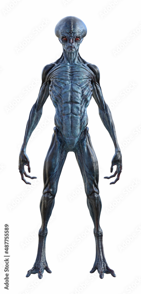 3d illustration of a blue skin male alien with red eyes and a skeletal ...
