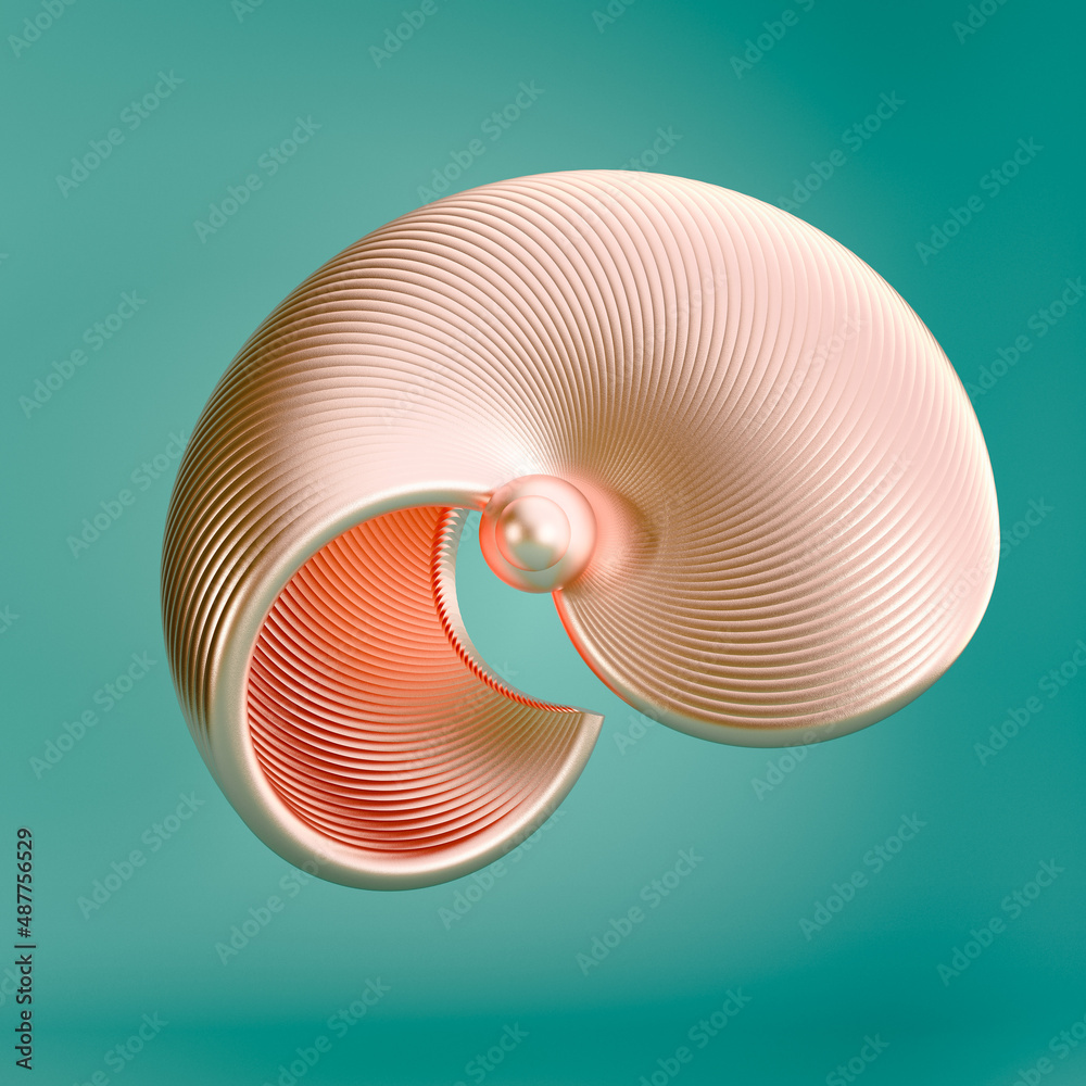 Mussel-inspired geometric shape on turquoise background, 3D ...