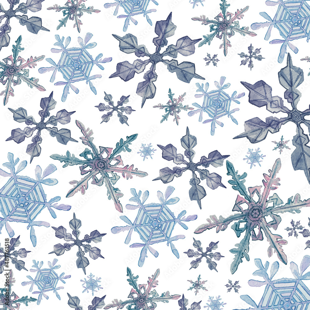 Watercolor snowflakes on a white background, winter-themed drawings, a ...