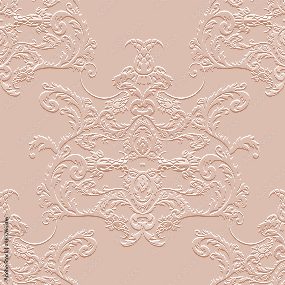 Floral Baroque 3d seamless pattern. Vector embossed beige background ...