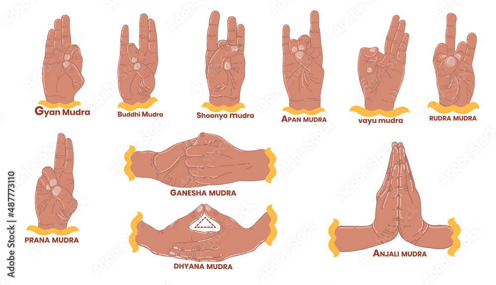 set of hand gesture (mudra) for different type of meditation Stock ...