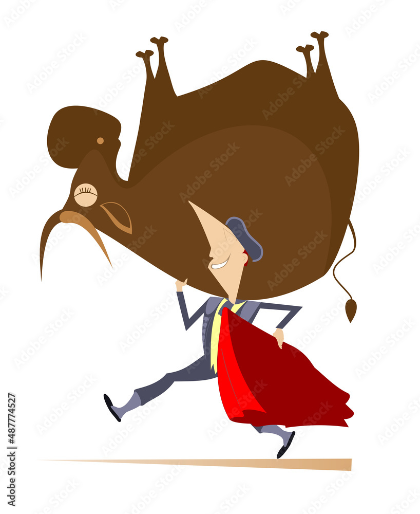 Cartoon bullfighter and bull illustration. Cartoon brave bullfighter ...