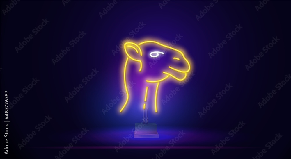 Neon sign with the image of a camel's head. Glowing banner light. A ...