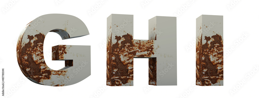 Dirty alphabet. G, H, I. White letters smeared with mud. 3D render ...