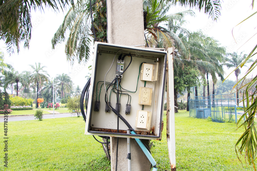 Niche of the old broken electrical is damaged Temporary distribution ...