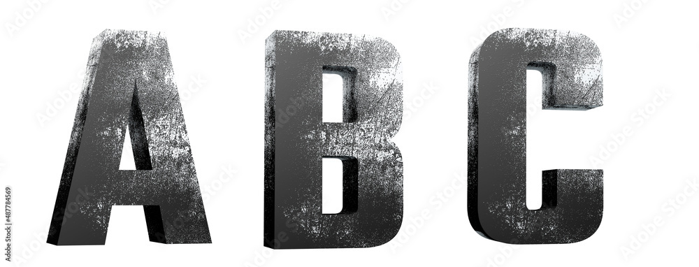 Dirty alphabet. A, B, C. White letters smeared with mud. 3D render ...