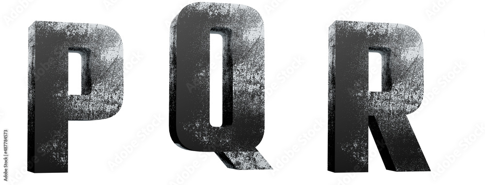 Dirty alphabet. P, Q. R. White letters smeared with mud. 3D render ...