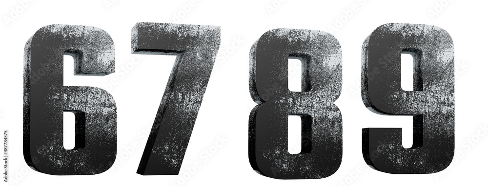 Dirty alphabet. 6, 7, 8, 9. White numbers smeared with mud. 3D render ...