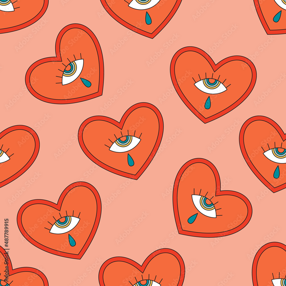 70s seamless vector pattern with vintage groovy heart and tear ...