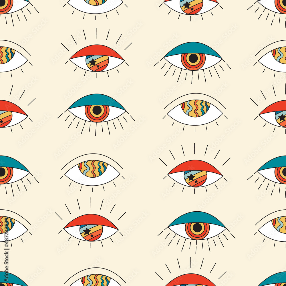 70s seamless vector pattern with vintage groovy eyes. Psychedelic ...