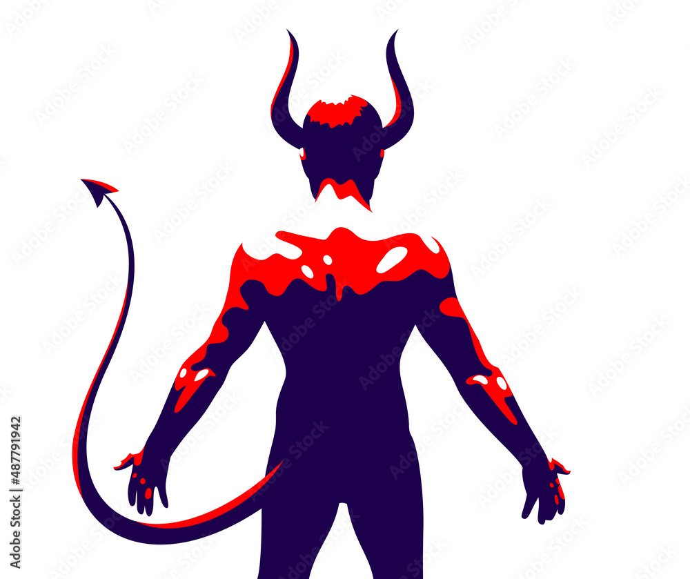 Devil muscular strong man with horns and tail from back view vector ...