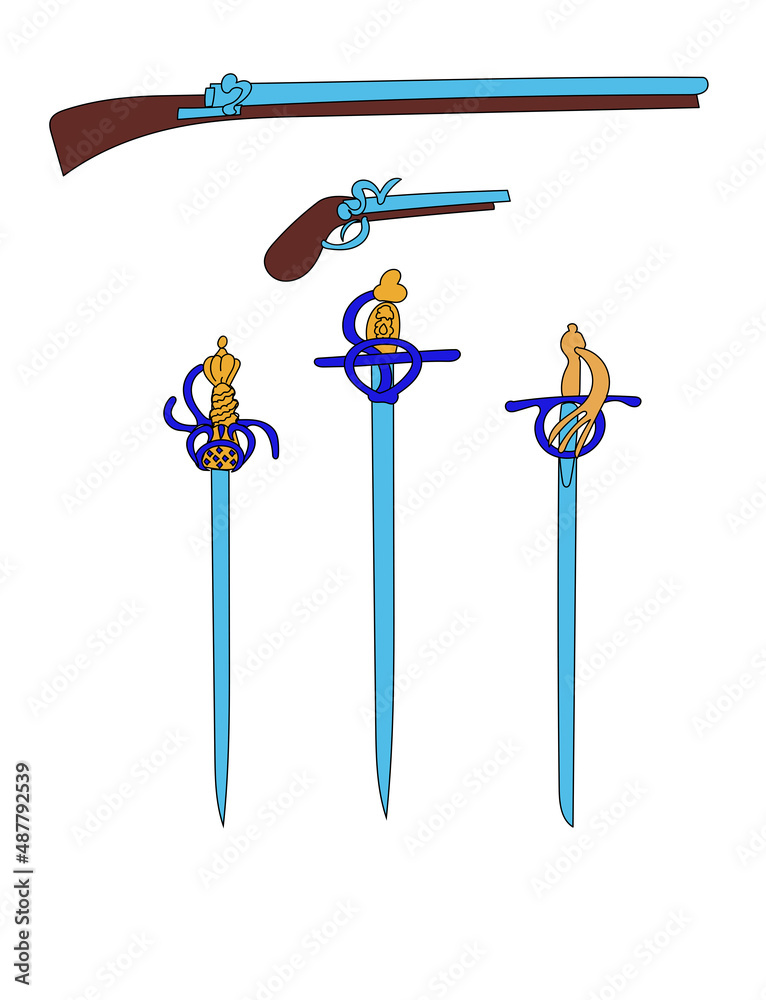 Collection of antique swords with a figured handle and muskets and ...