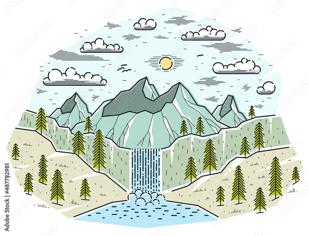 Beautiful waterfall from high mountains range vector illustration ...