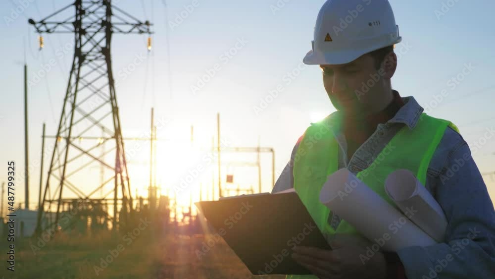 Power work concept. Engineer standing on field with electricity towers ...