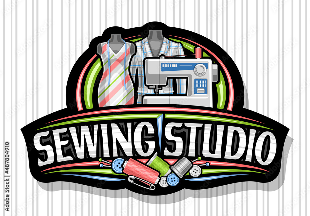 Vector logo for Sewing Studio, black decorative sign board with ...