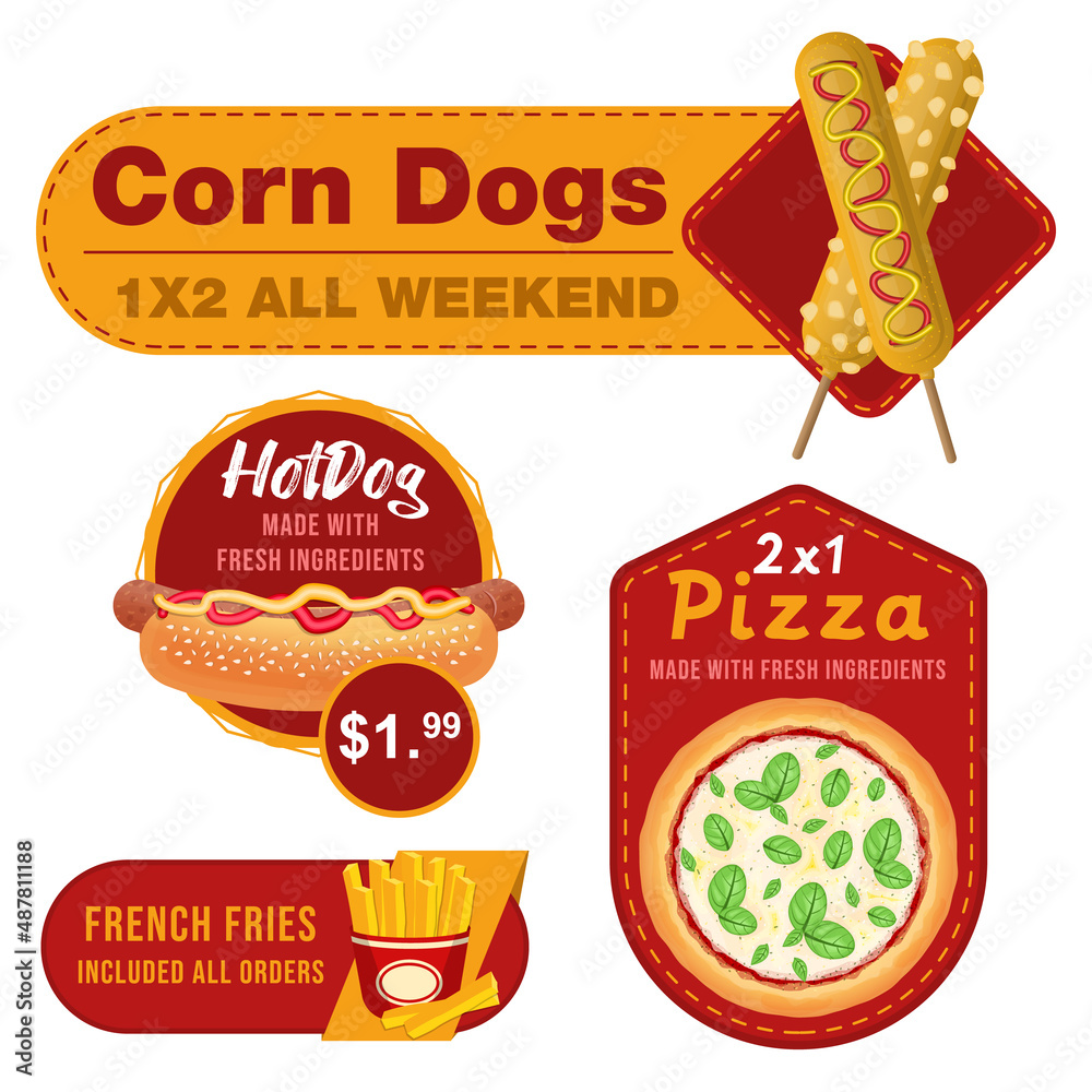 Poster Fast food labels badges concept circle illustration sausage corn ...