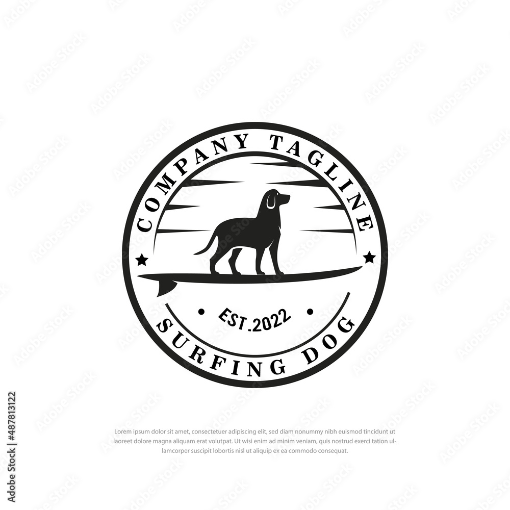 Surfing dog silhouette logo with signboard, frills, in round shape ...