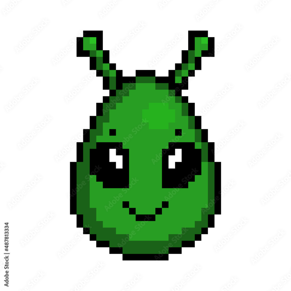 Cute Pixel art Easter egg decorated as a green alien with antennas, 8 ...