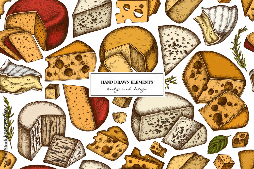Cheese seamless pattern background design. Engraved style. Hand drawn ...