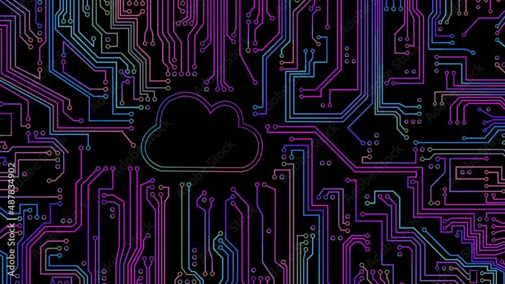 Futuristic rainbow cloud and circuit board - abstract new technology ...