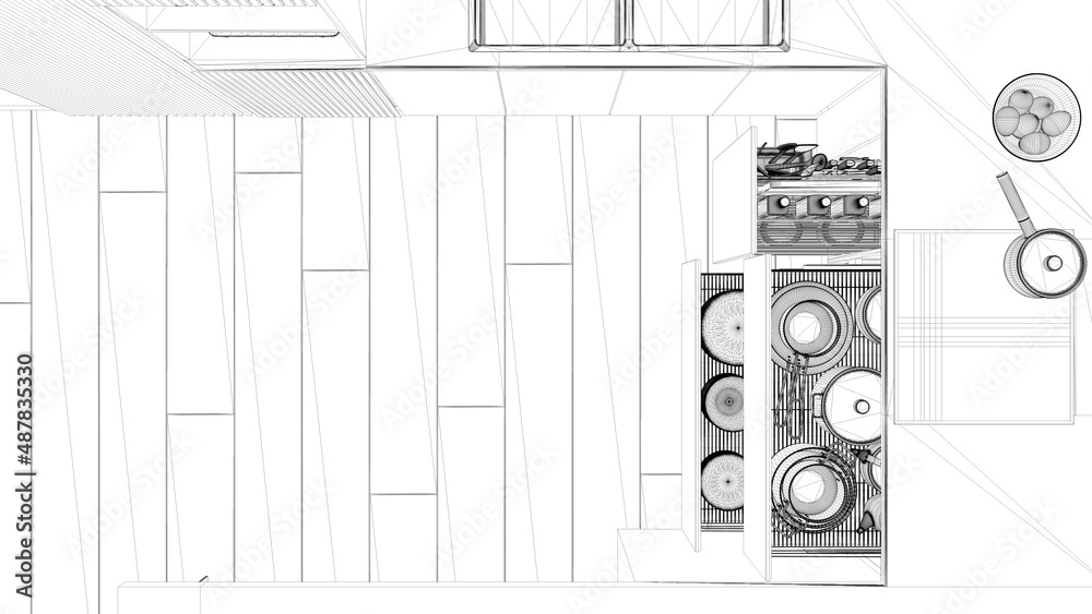 Blueprint project draft, kitchen close up with open drawers with plates ...