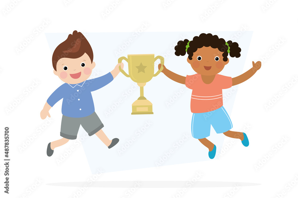 Happy school kids jumping. Multiethnic children holds winner cup. First ...