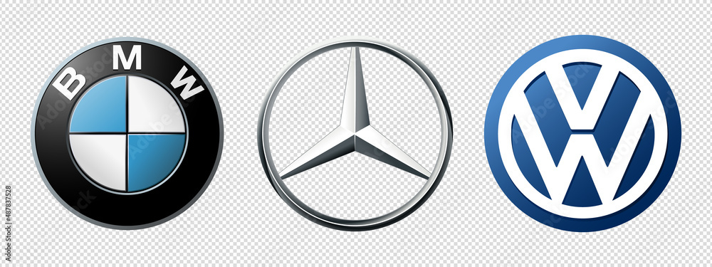 Logo of cars brand set: Volkswagen, bmw, mercedes. Realistic logo of popular brands of cars on ...