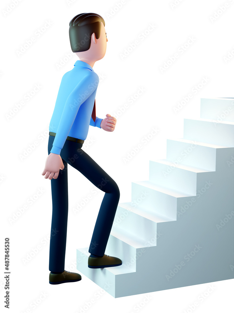 Businessman in shirt and tie goes up the career ladder. 3d man goes up ...