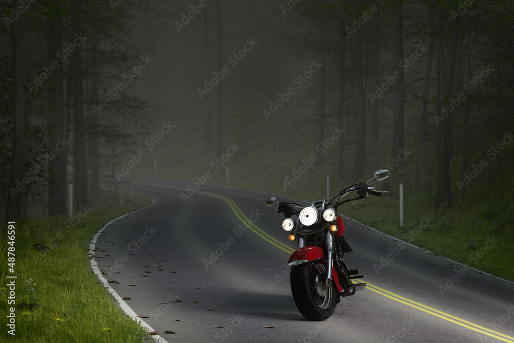 Motorcycle in the middle of an empty tree lined forest road. 3D ...
