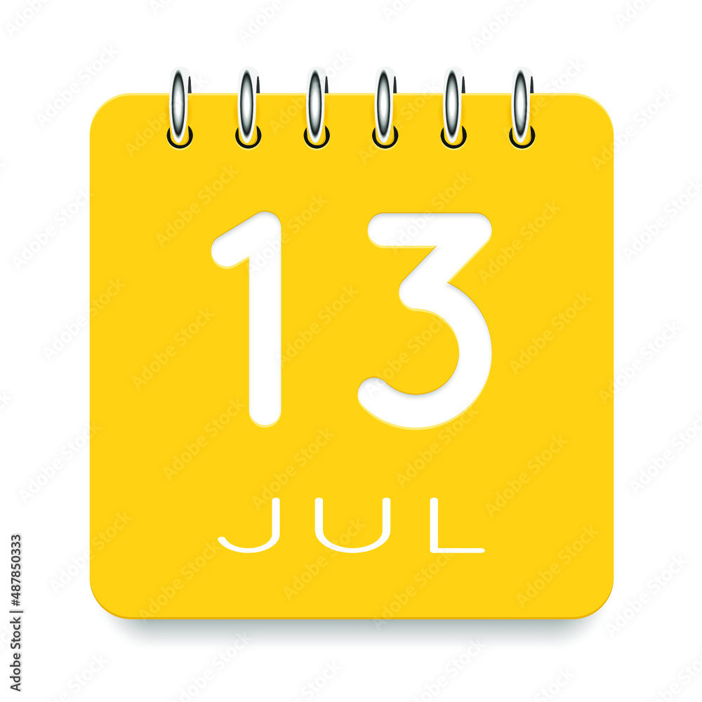 13 day of the month. July. Cute yellow calendar daily icon. Date day ...