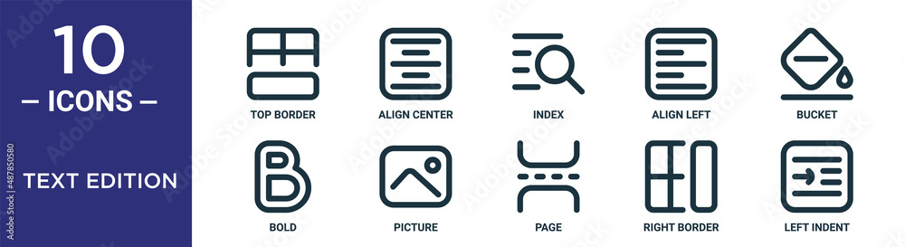 text edition outline icon set includes thin line top border, index ...