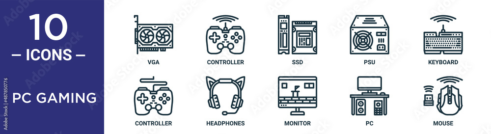 pc gaming outline icon set includes thin line vga, ssd, keyboard ...