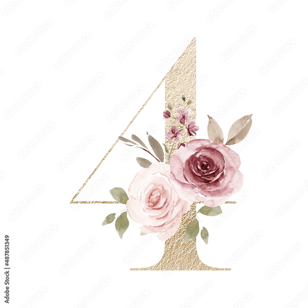Gold number 4 with watercolor flowers roses and leaf. Perfectly for ...
