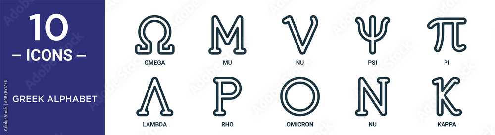 greek alphabet outline icon set includes thin line omega, nu, pi, rho ...