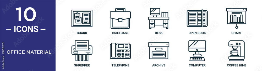 office material outline icon set includes thin line board, desk, chart ...