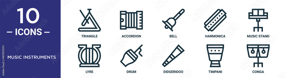 music instruments outline icon set includes thin line triangle, bell ...