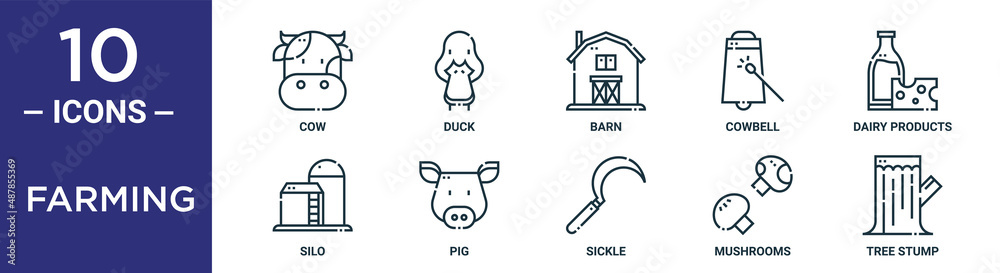 farming outline icon set includes thin line cow, barn, dairy products ...