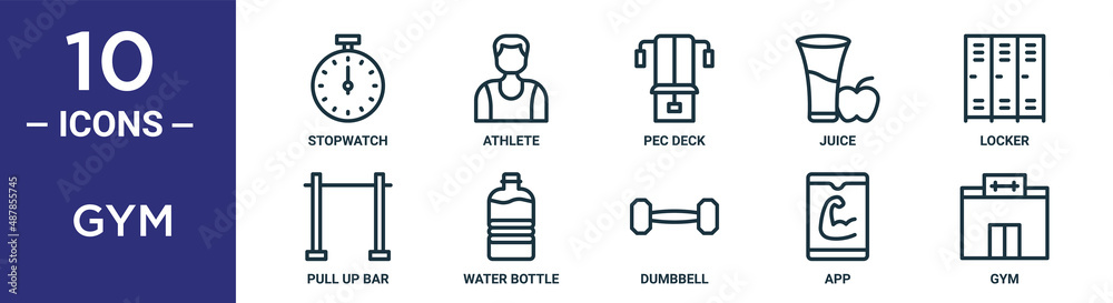 gym outline icon set includes thin line stopwatch, pec deck, locker ...