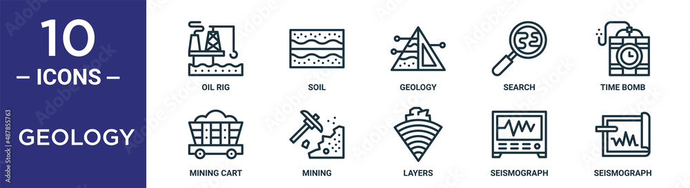 geology outline icon set includes thin line oil rig, geology, time bomb ...