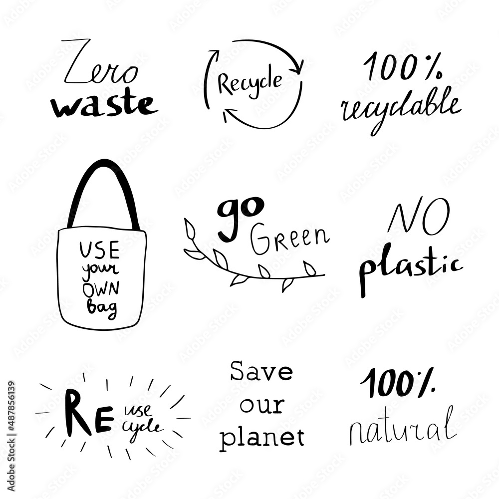Zero waste ecological vector set of 9 lettering icons about plastic ...
