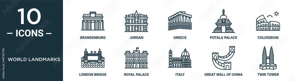world landmarks outline icon set includes thin line brandenburg, greece ...