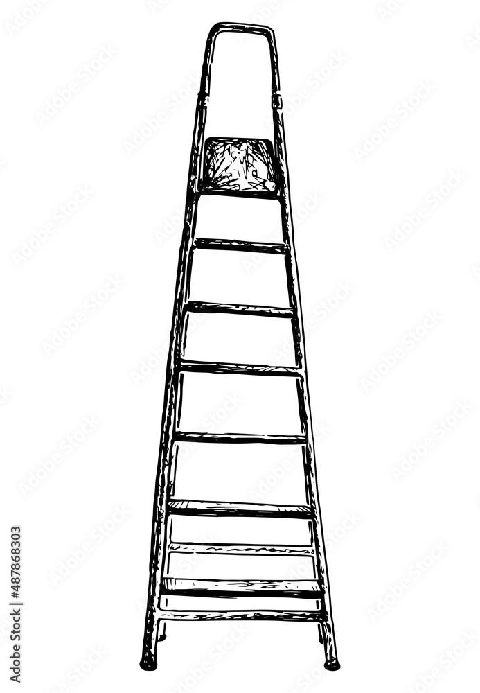 Hand drawing of folding ladder for construction work isolated on white ...