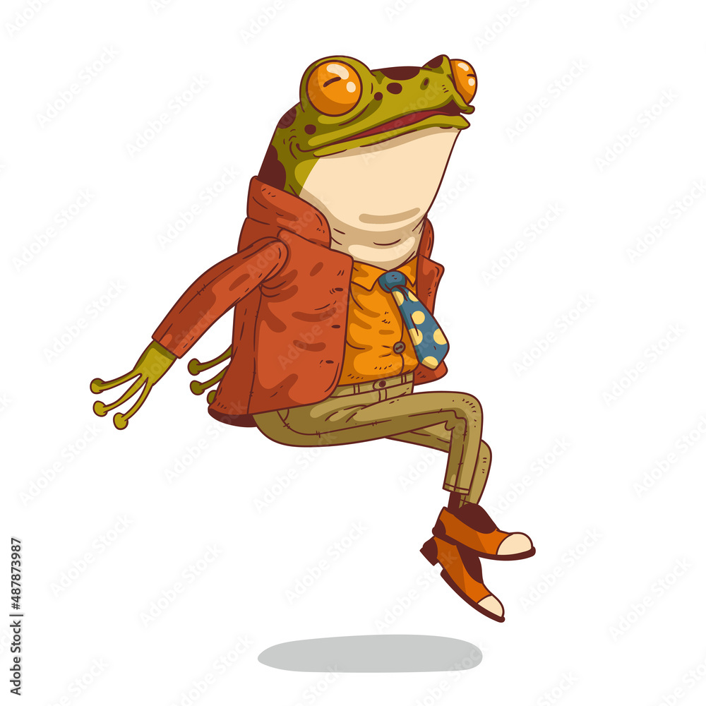 Hipster frog, jumping with joy, isolated vector illustration. Happy ...