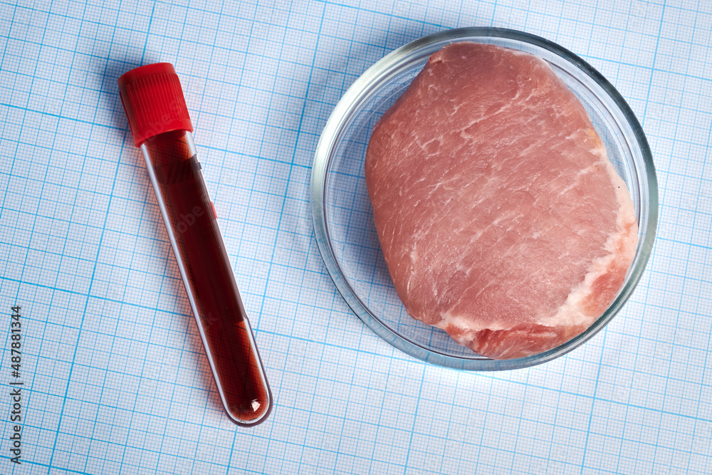 Blood test-tube and GMO meat in a Petri Dish - photo on a graph paper ...