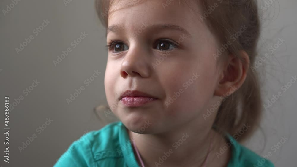 Portrait Funny little close up view happy preschool girl smiling child ...