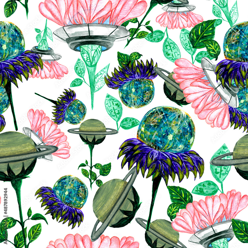 watercolor pattern of fantasy flowers in the form of planets, Mercury ...