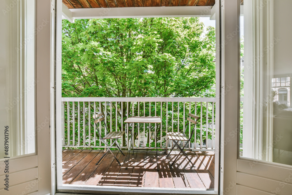 Stylish balcony design with amazing street view in daylight Stock Photo ...
