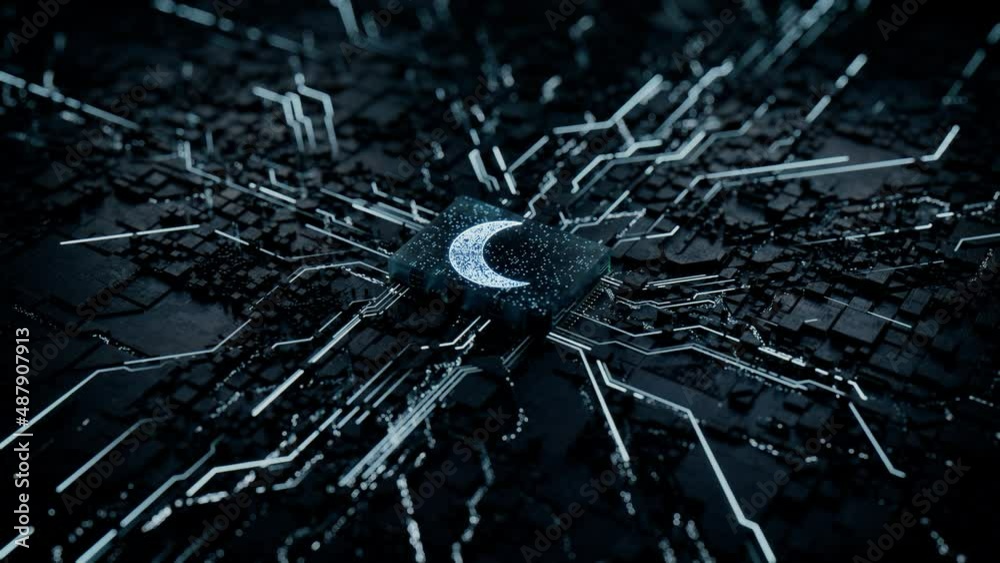 Night mode Technology Concept with moon symbol on a Microchip. White ...